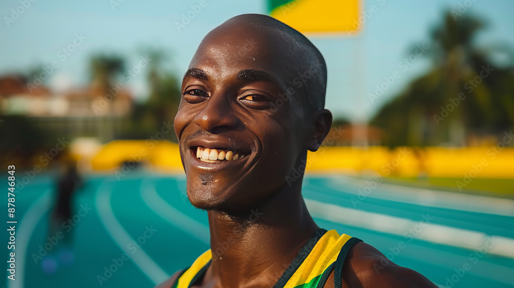 tall black bald brazillian athlete just won a race and is smilling ...