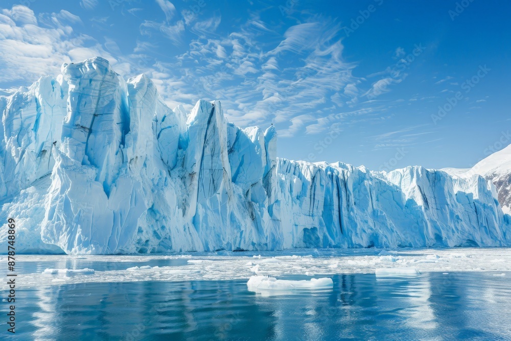 Majestic glacier landscape with towering ice formations and a simple ...