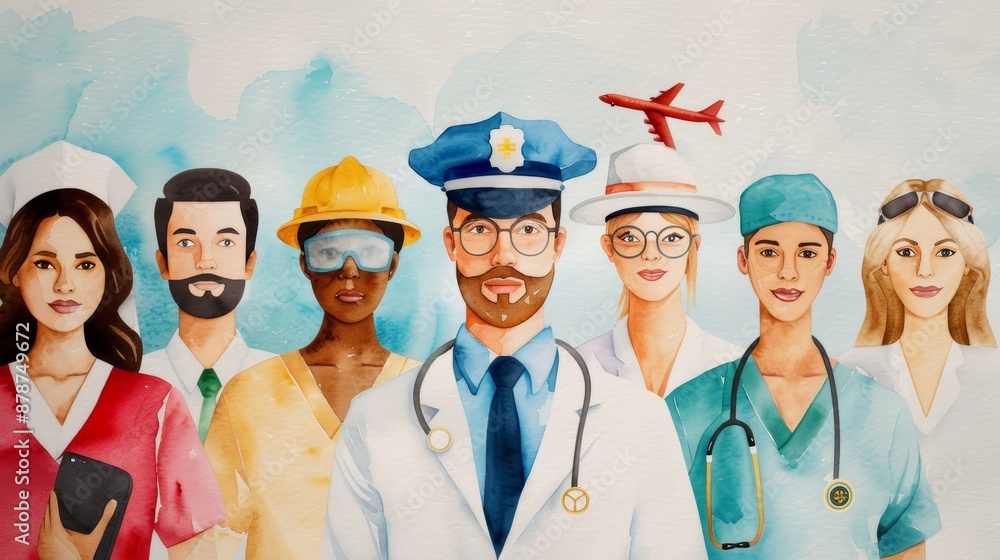 Vibrant watercolor scene featuring various occupations like a nurse ...