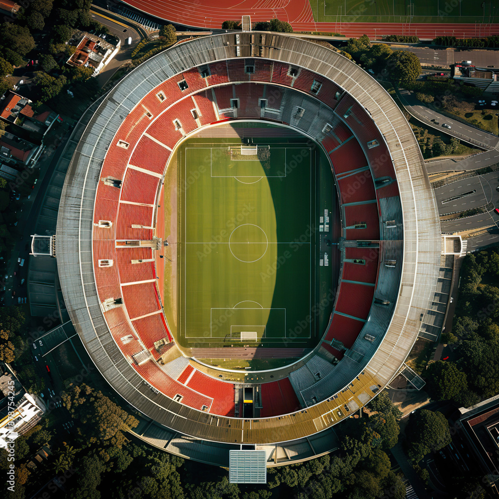 Aerial view of an empty soccer stadium captured by a drone. The image ...