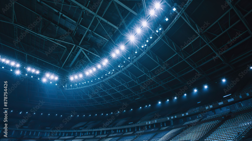 Stadium lights illuminating the field and seating areas at night. The ...