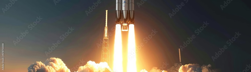 Detailed depiction of a commercial space launch with a rocket lifting ...