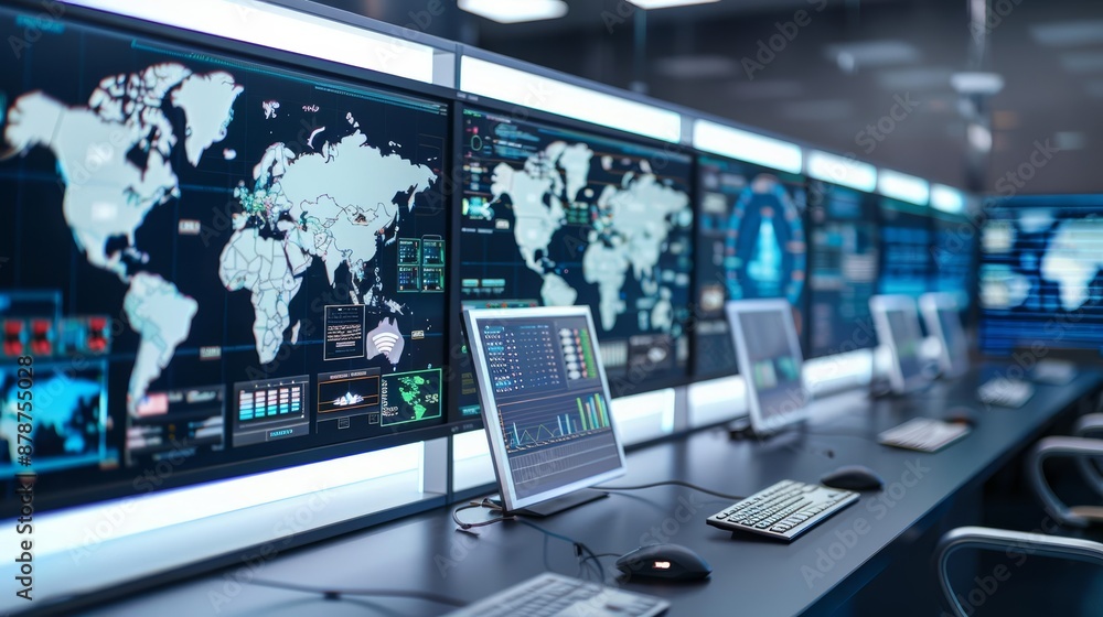 Detailed depiction of a command center with digital maps and real-time ...