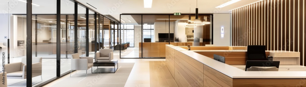 High-resolution office environment with branded signage and logos ...