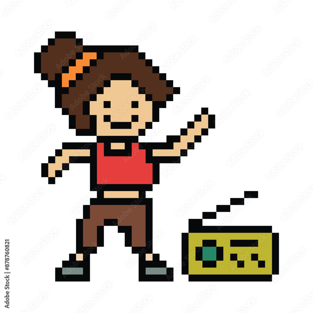 Cute pixel cartoon 8bit character woman exercises training dance ...