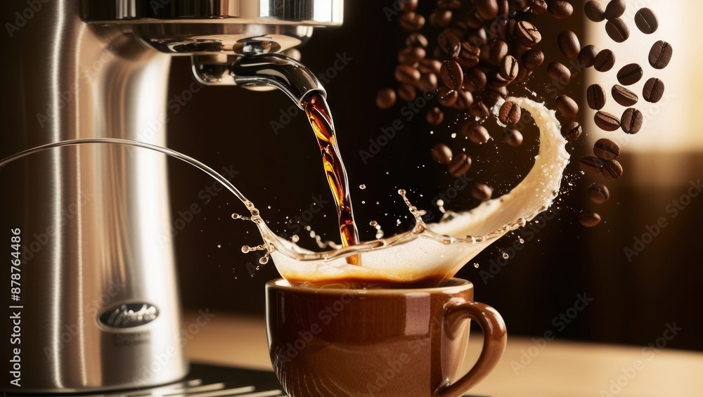 A stream of coffee from a coffee machine is beautifully poured into a ...