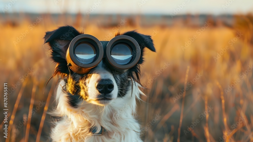 Cute Border Collie dog with binoculars on wildlife safari African ...