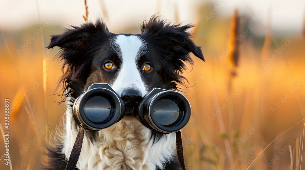 Cute Border Collie dog with binoculars on wildlife safari African ...