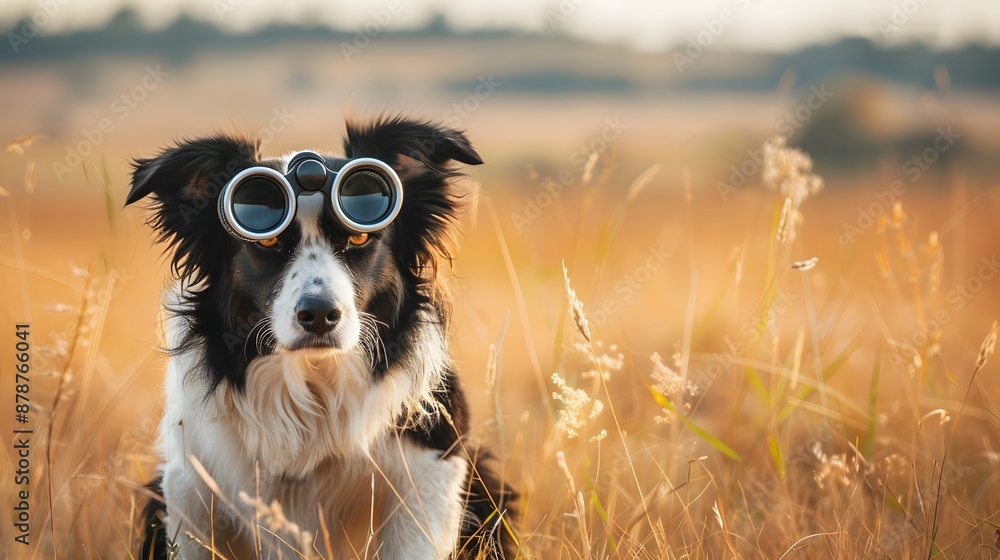 Cute Border Collie dog with binoculars on wildlife safari African ...