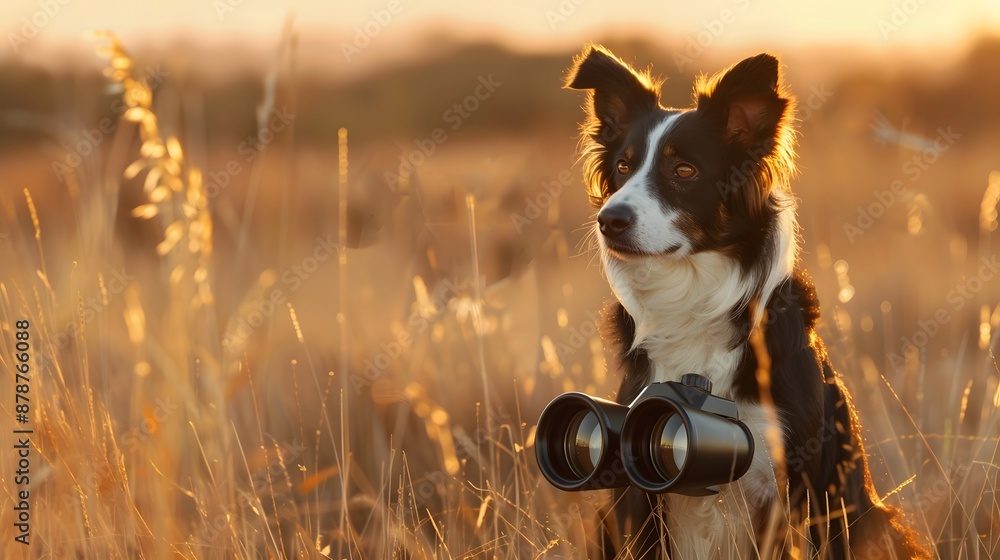 Cute Border Collie dog with binoculars on wildlife safari African ...