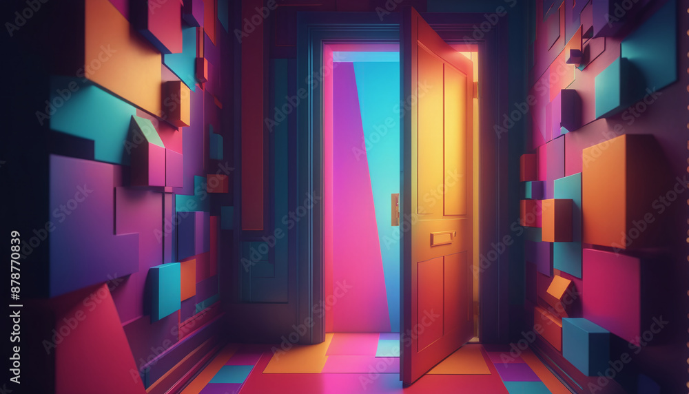 Graphic representation of an entrance door or passageway in neon colors ...
