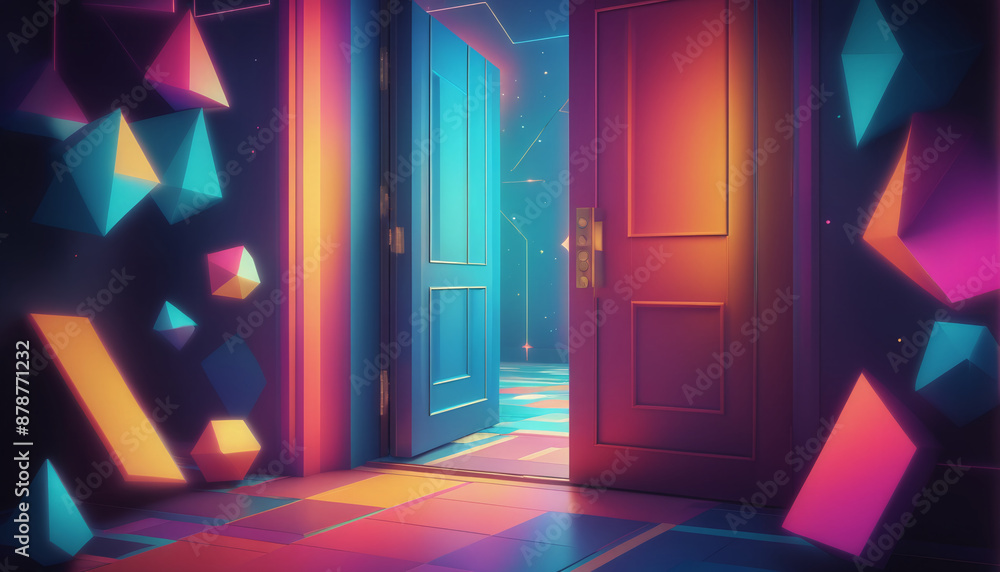 Graphic representation of an entrance door or passageway in neon colors ...