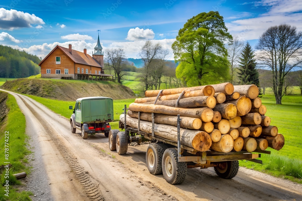 Timber carrier transports logs on a trailer on rural road on a spring ...
