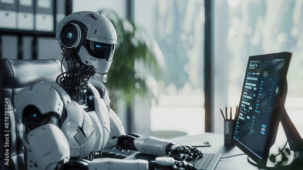 futuristic humanoid robot working at computer in modern office concept ...