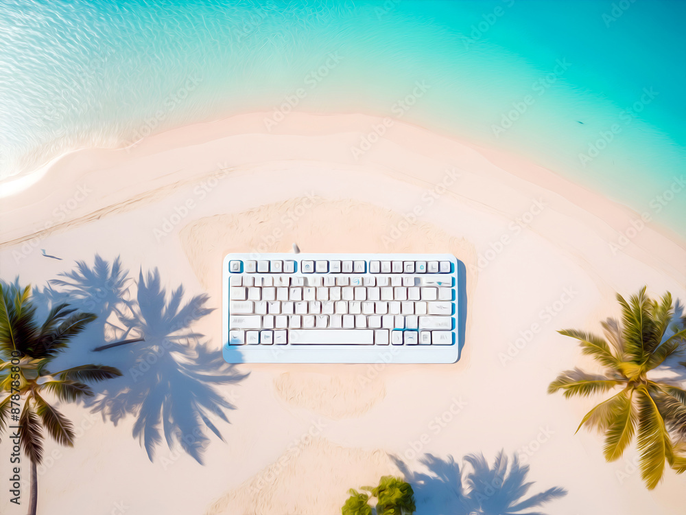 white keyboard surrounded by an island with sand and palm trees Stock ...