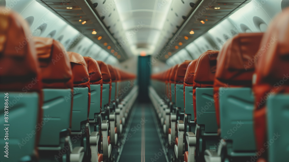 Empty airplane cabin with rows of red seats. Modern aircraft interior ...