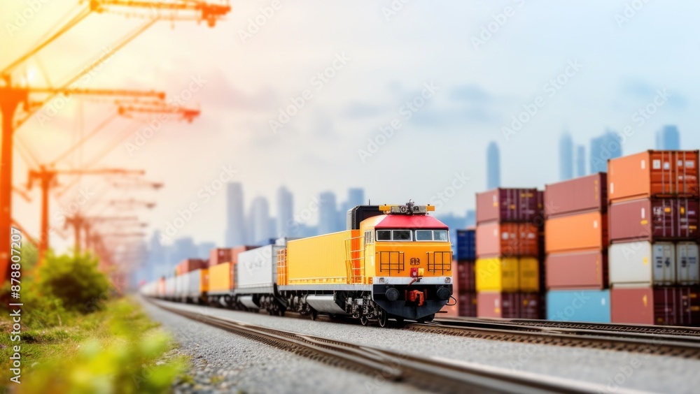 Cargo. Cargo Train. Freight train with cargo containers. Train wagons carrying cargo containers ...