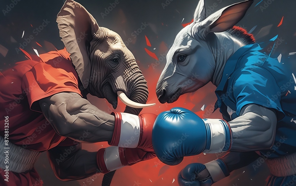 Generative AI of Red Elephant vs. Blue Donkey in Dynamic Boxing Match ...