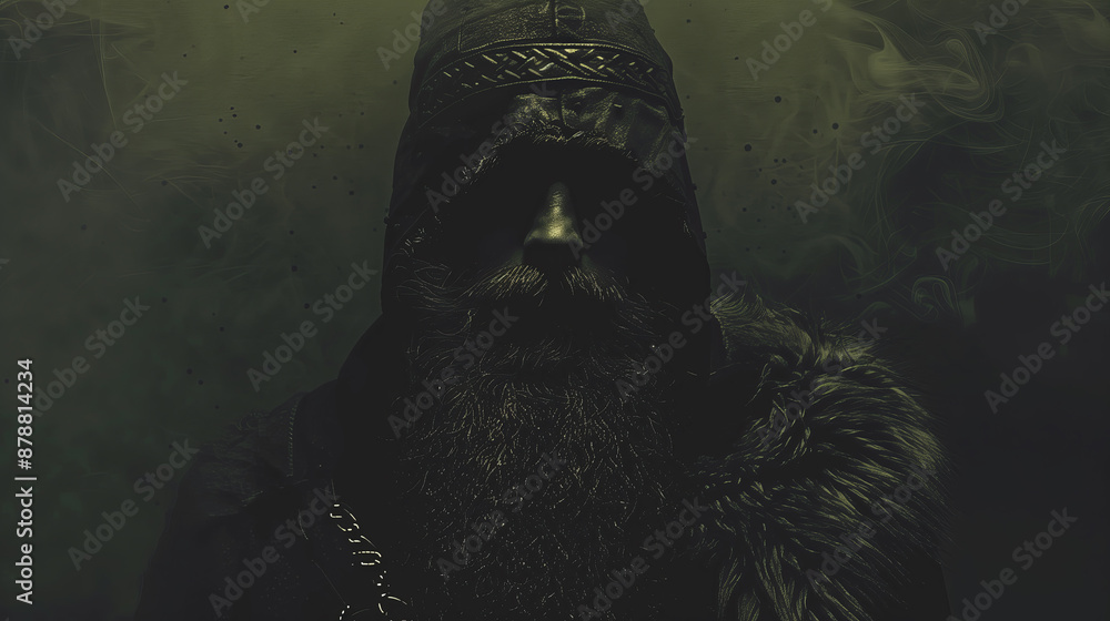 A hooded Viking warrior with a fur-trimmed cloak stands shrouded in ...