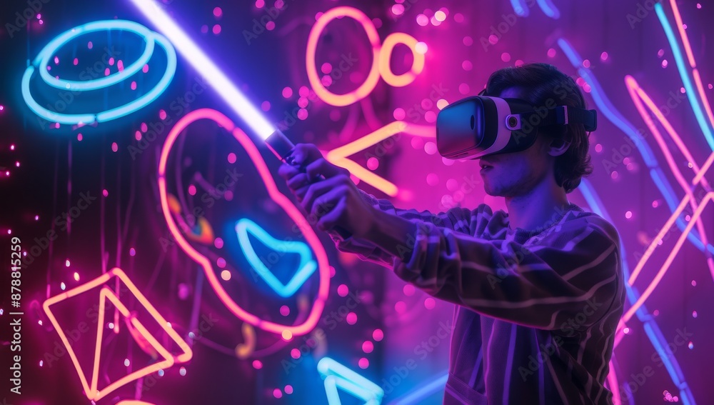 Man with VR glasses fencing neon swords with music blocks. Skilled ...