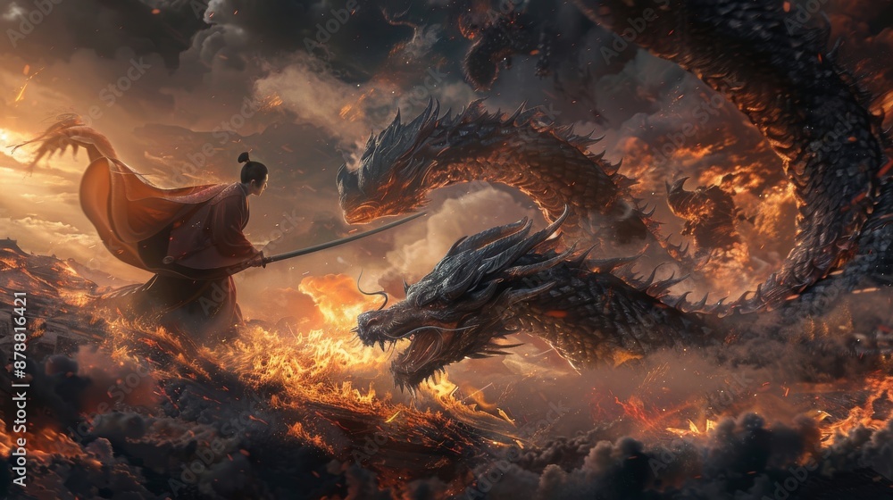 Shot of an ancient Chinese warrior holding a spear, wearing hanfu ...