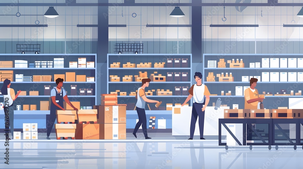 Busy rush workflow of hardware store employees. Group of workers ...