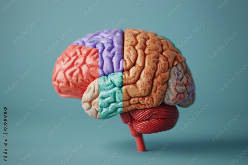 A detailed, colorful model of a human brain displaying distinct regions ...