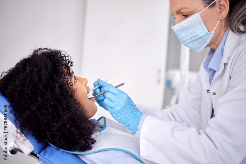 Dental inspection, mouth and woman at dentist for oral checkup ...