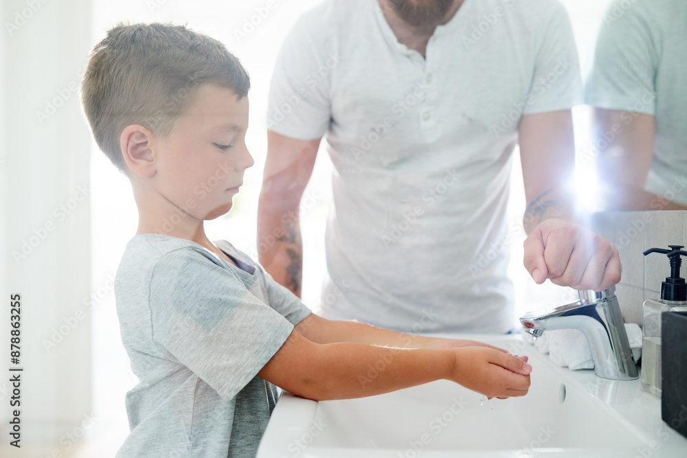 Bathroom, dad and child cleaning hands with soap, support and teaching ...