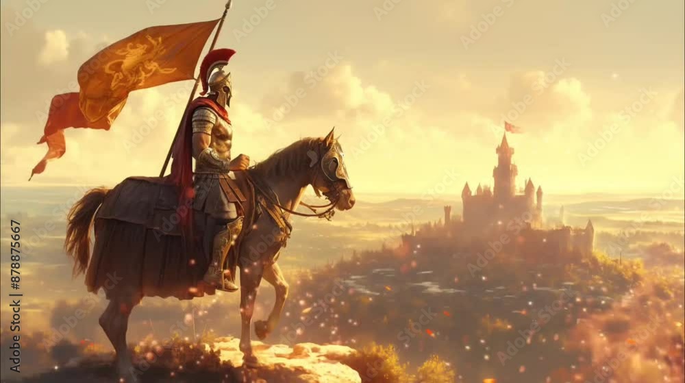 Spartan warrior with flag on horseback on castle background. Seamless ...