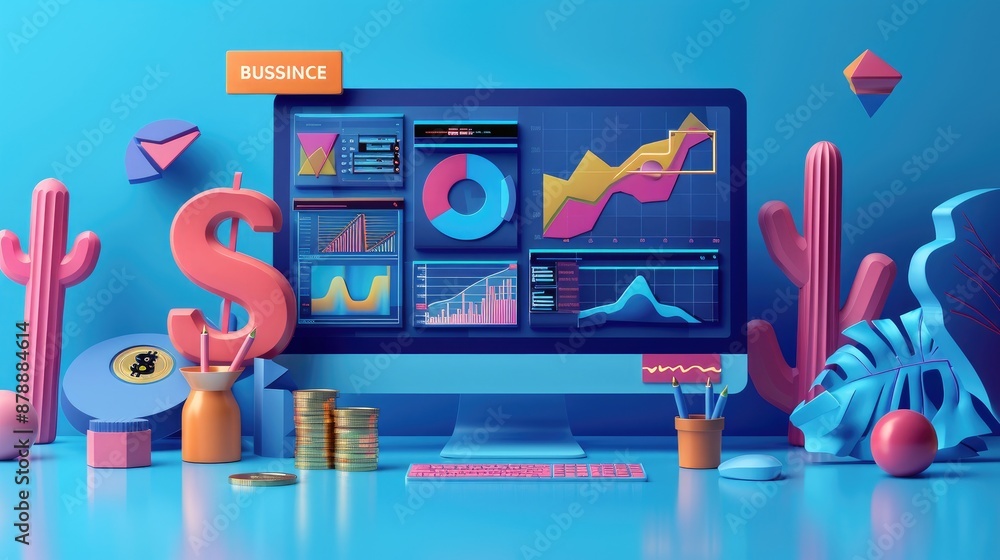 Beautiful 3D render of a computer screen displaying financial charts ...