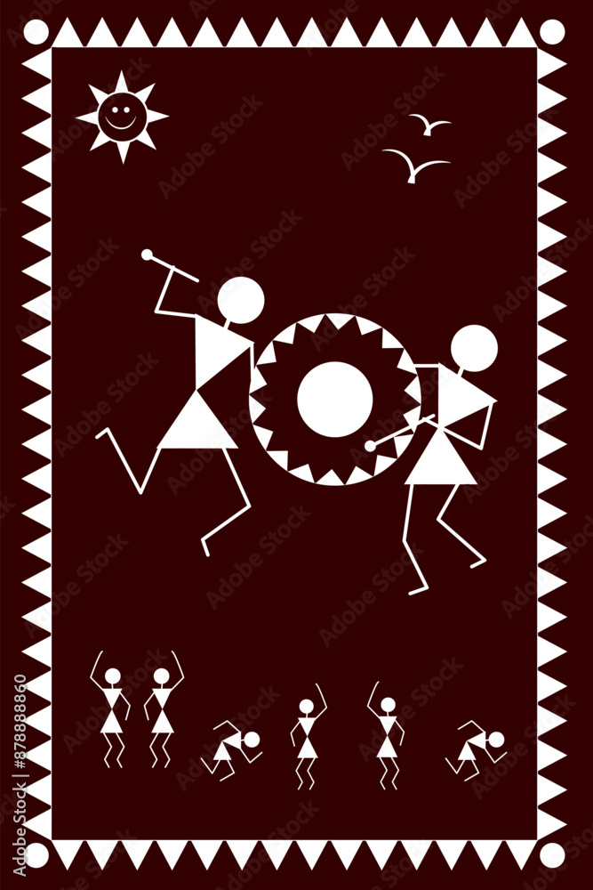 Beautiful Tribal celebration concept of warli art isolated on dark ...
