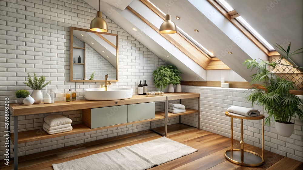 Elegant modern attic bathroom features white tiled shower, gold brass ...