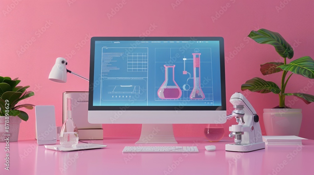 Desktop computer with an educational software open, showing a virtual ...