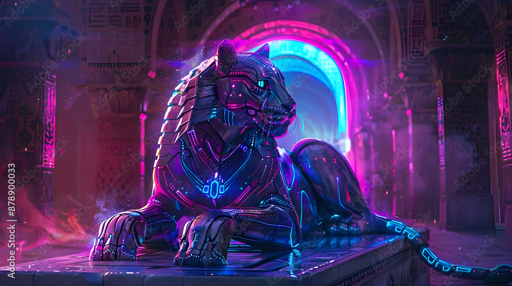 Cyborg Sphinx with a metallic mane, posing riddles to visitors at the ...