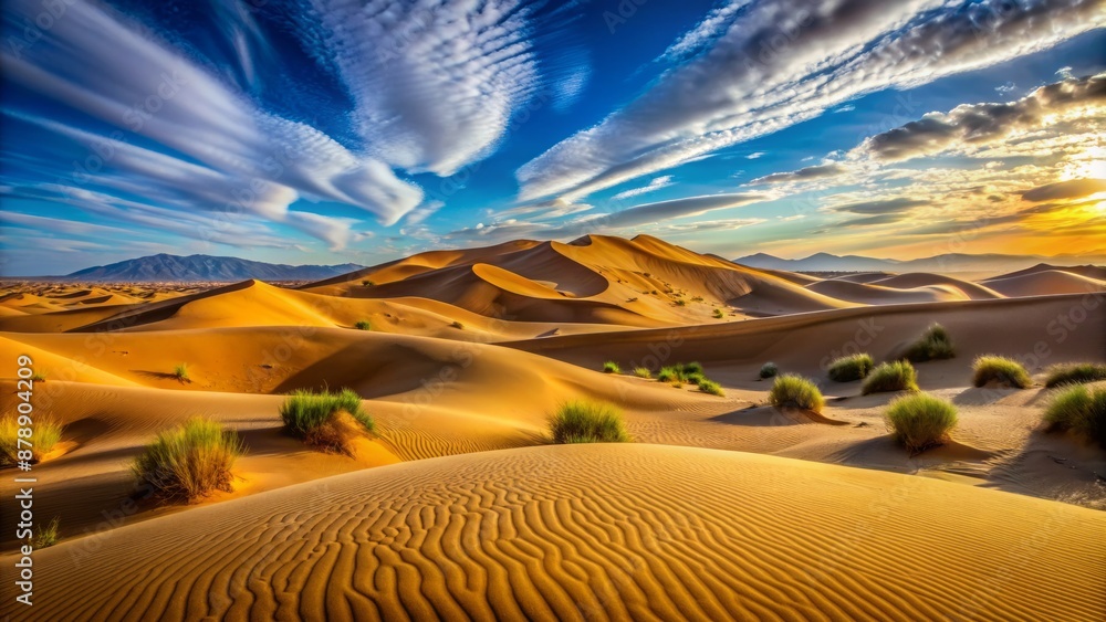 Golden sand dunes stretch towards brilliant blue sky, with sparse ...