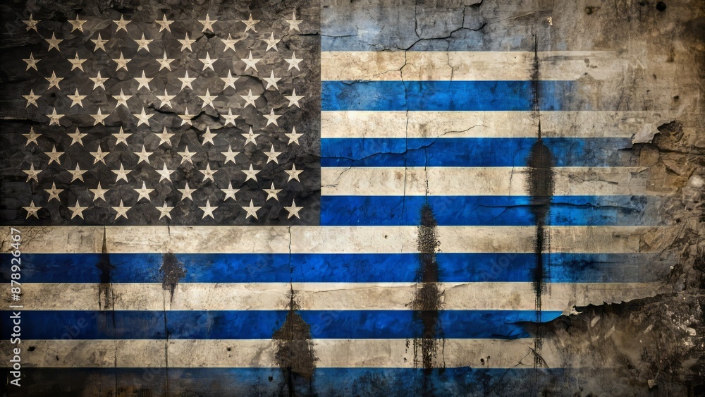 Distressed, worn, patriotic symbol featuring frayed thin blue line ...