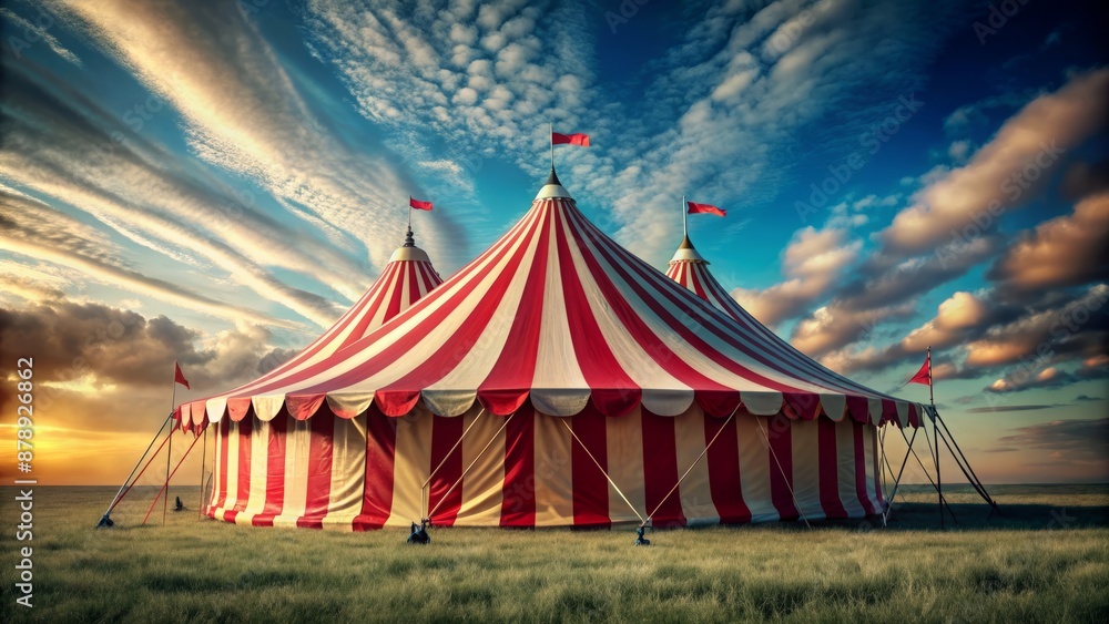 Vibrant red and white striped tent majestically stands alone, radiating ...