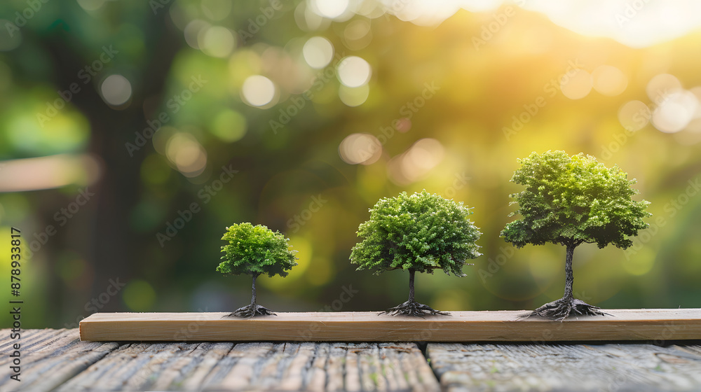 Three stages of tree growth side by side: a sapling, a young tree, and ...