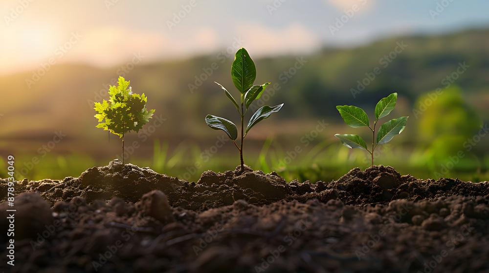 Three stages of tree growth side by side: a sapling, a young tree, and ...