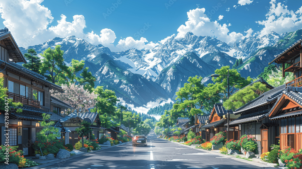 beautiful japanese street with traditional houses, car driving ...
