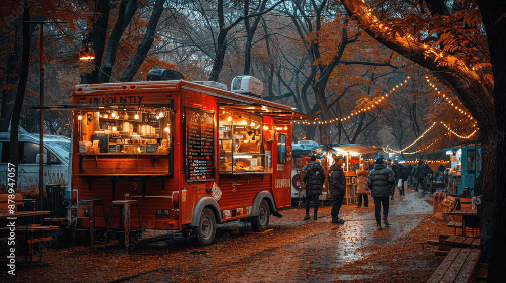 autumn night market with street food trucks and mobile bars in city ...