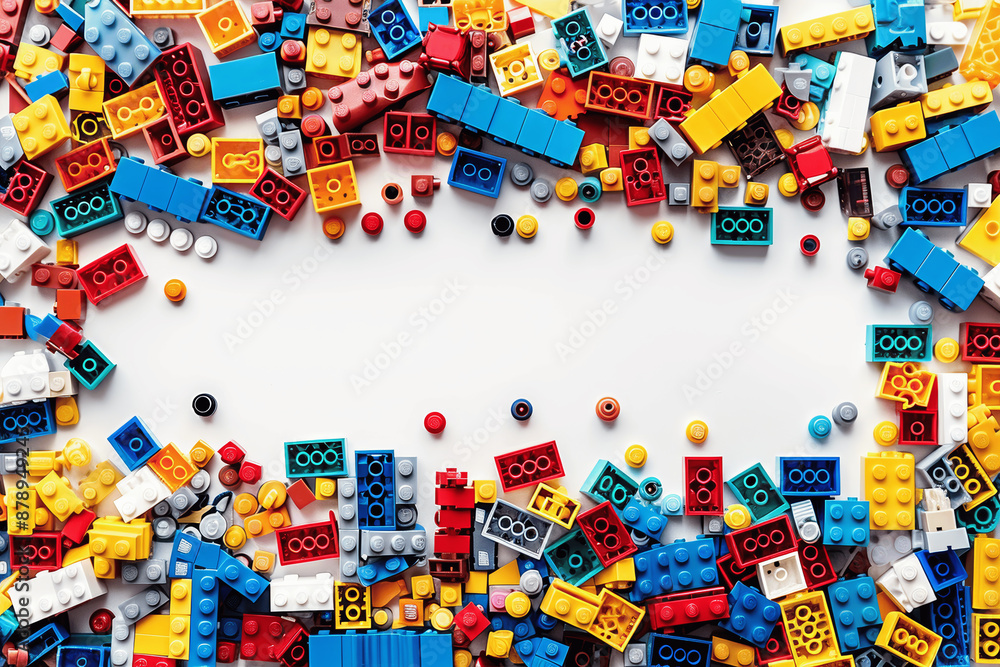 Colorful LEGO Blocks Scattered on White Background with Empty Space for Text, Top View, Flat Lay ...