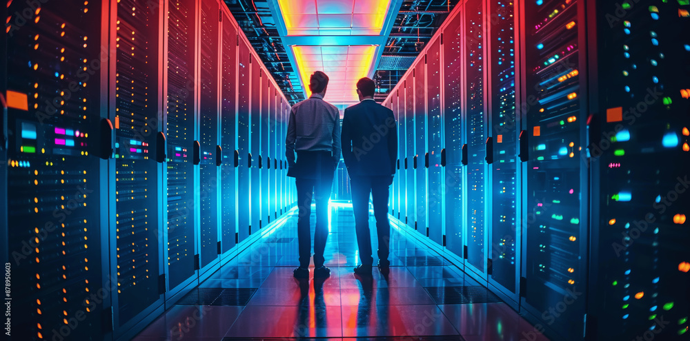 Modern data center with server racks, cooling systems, technicians ...