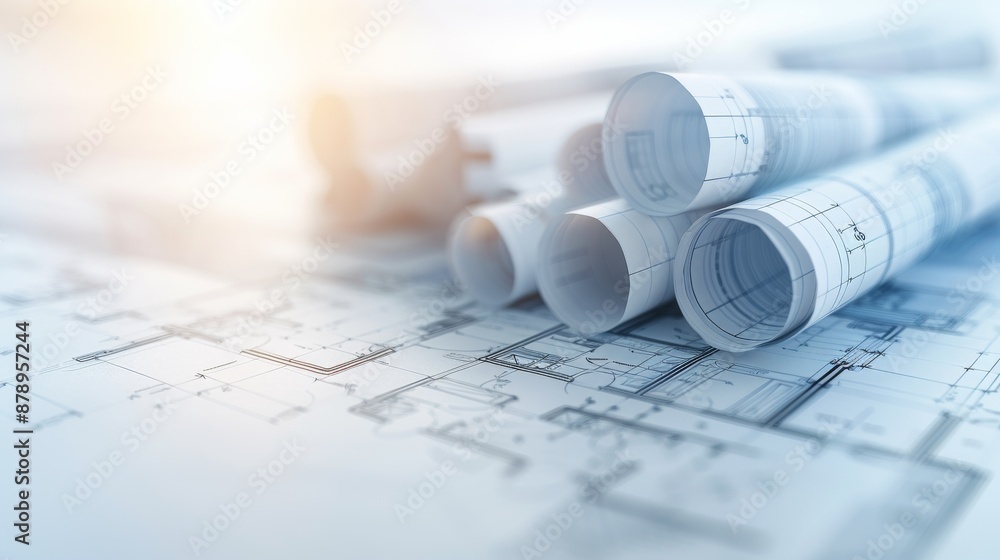 Architectural blueprints and technical drawings with rolled-up plans ...