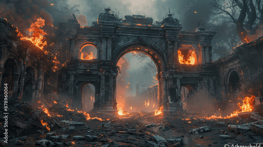 Fantasy Burning Arch Gate with Flames and Ruins in Ancient Stone ...