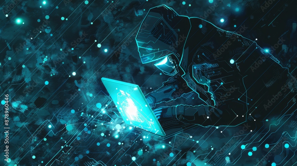 Abstract digital anonymous hacker with light blue laptop and AI chip ...