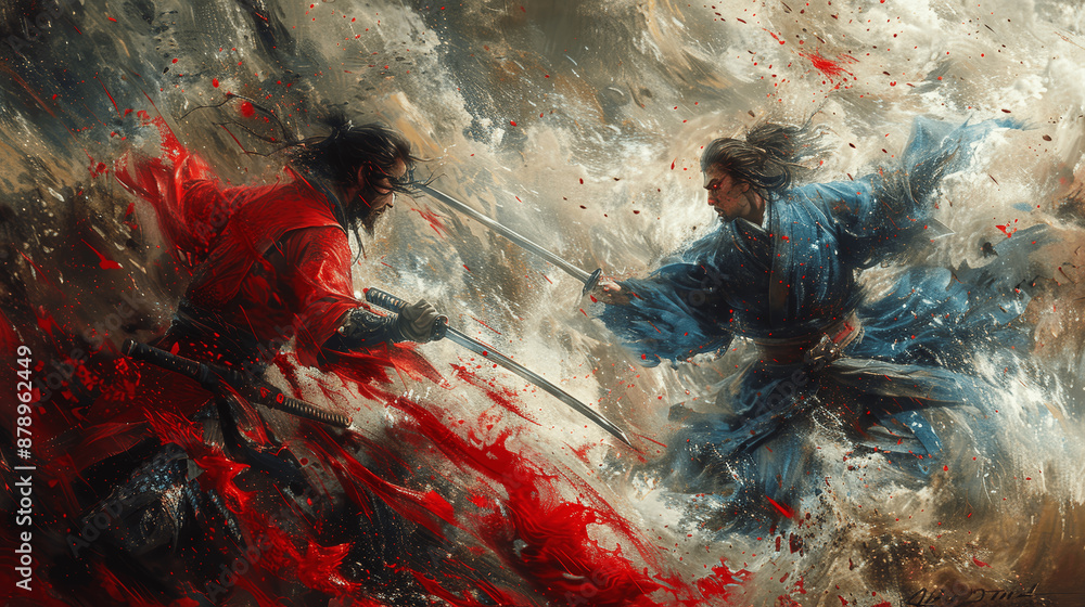 samurai duel with swords in epic battle during rainy day with grey sky ...