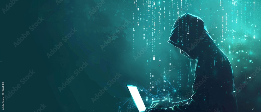 Abstract digital anonymous hacker with light blue laptop and AI chip ...