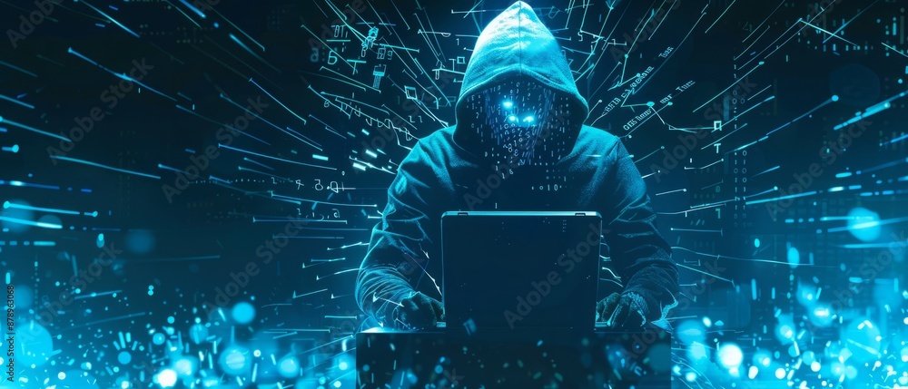 Abstract digital anonymous hacker with light blue laptop and AI chip ...